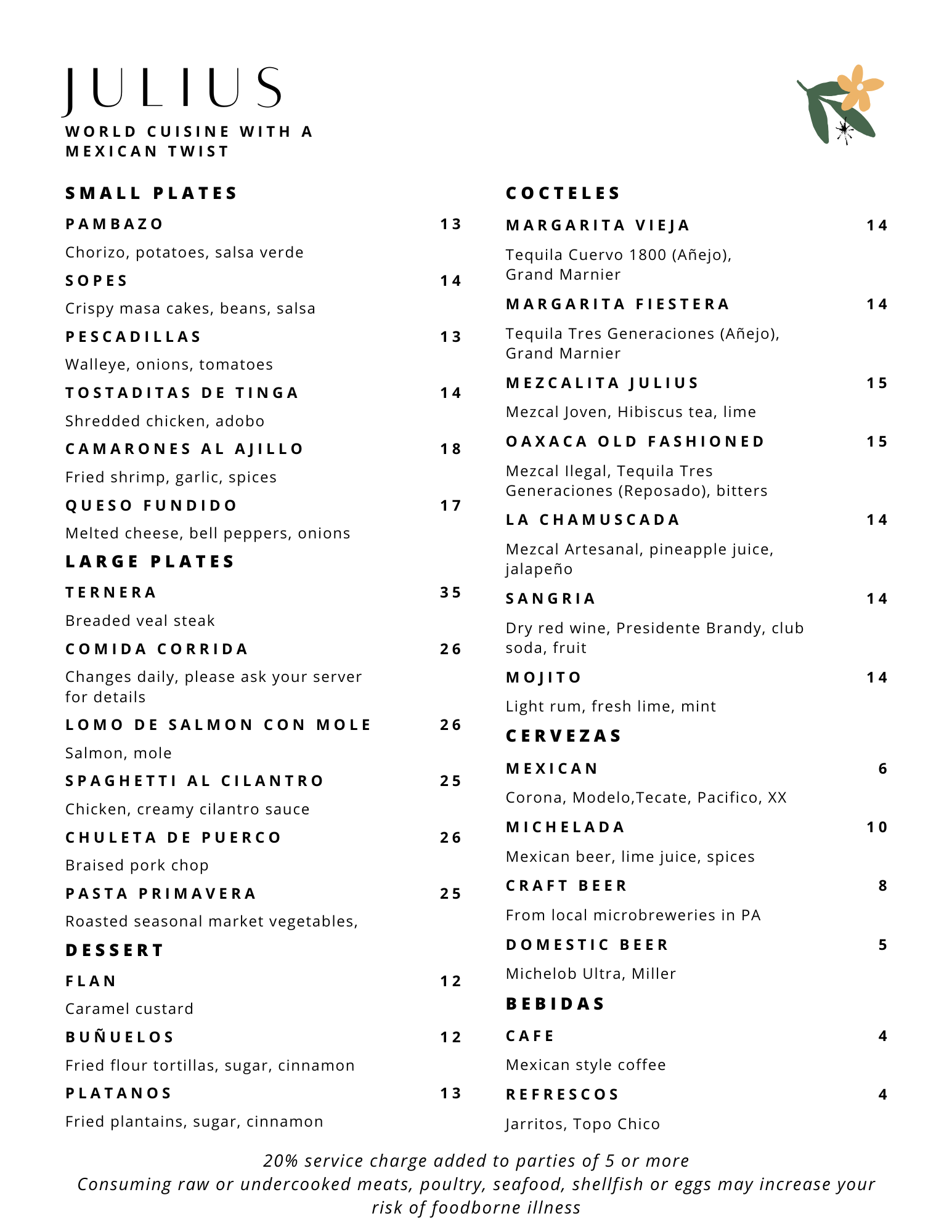 Julius Restaurant Dinner Menu